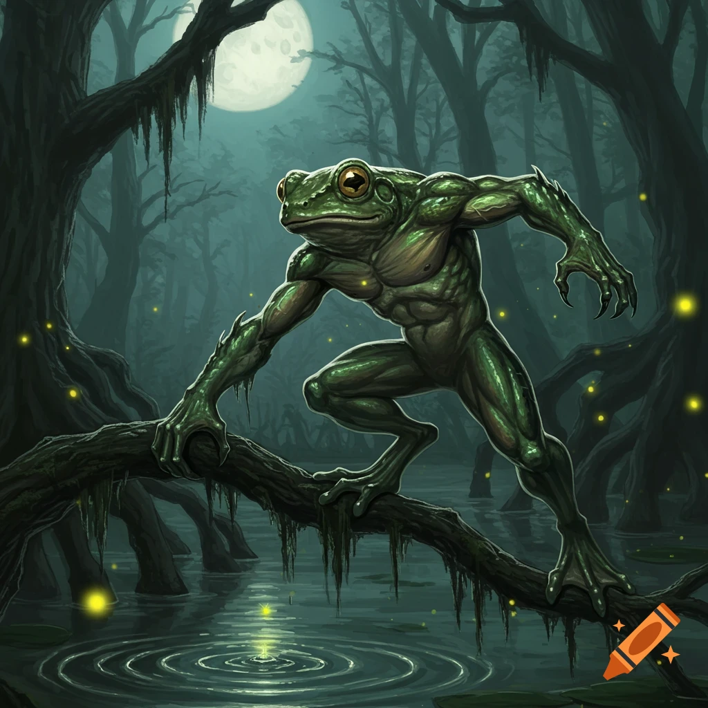 A muscular green werefrog crouches on a branch in a dark, moonlit swamp ...
