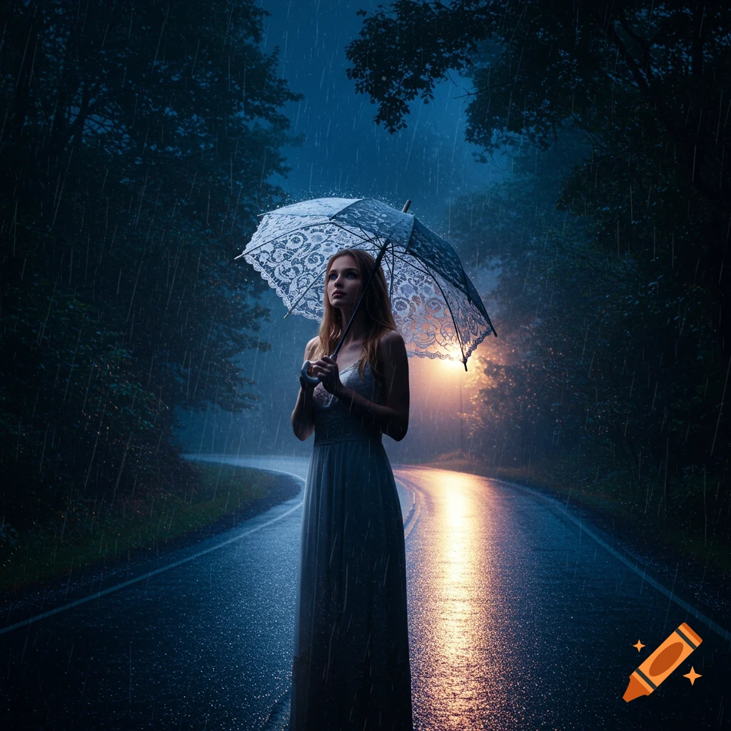 Photorealistic image of a woman in a long white dress holding a lace ...