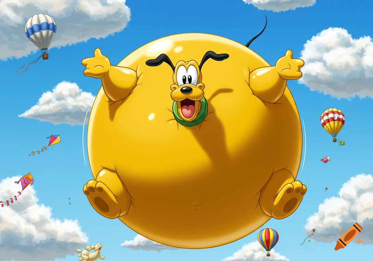 A giant, inflated yellow Pluto the dog floats in a clear blue sky ...