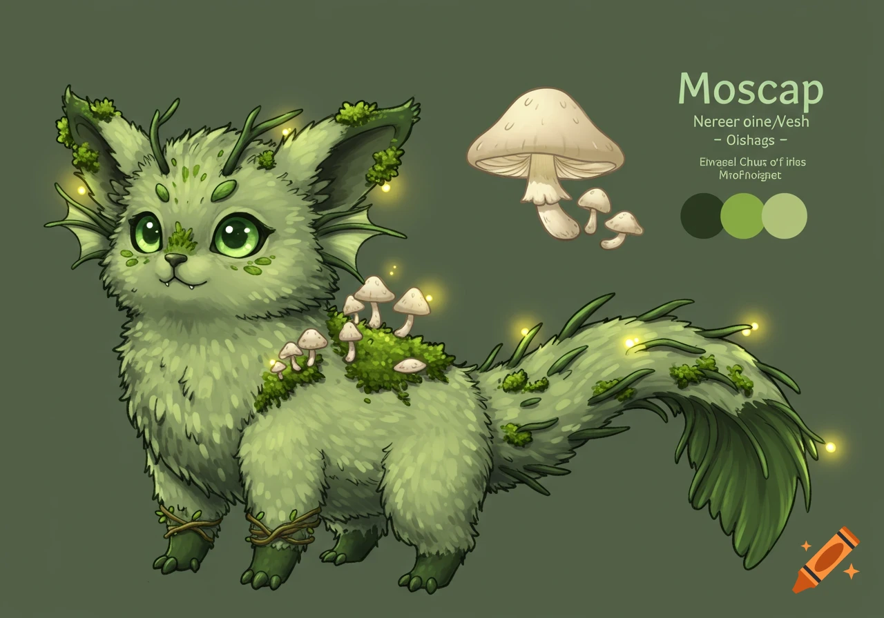 A cute, fluffy, green fantasy creature covered in moss and mushrooms ...