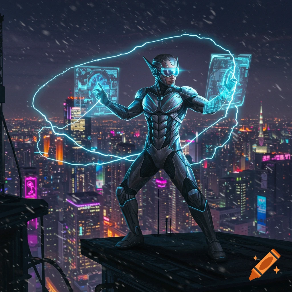 A comic book cover shows a superhero in a shiny blue suit flying over a ...