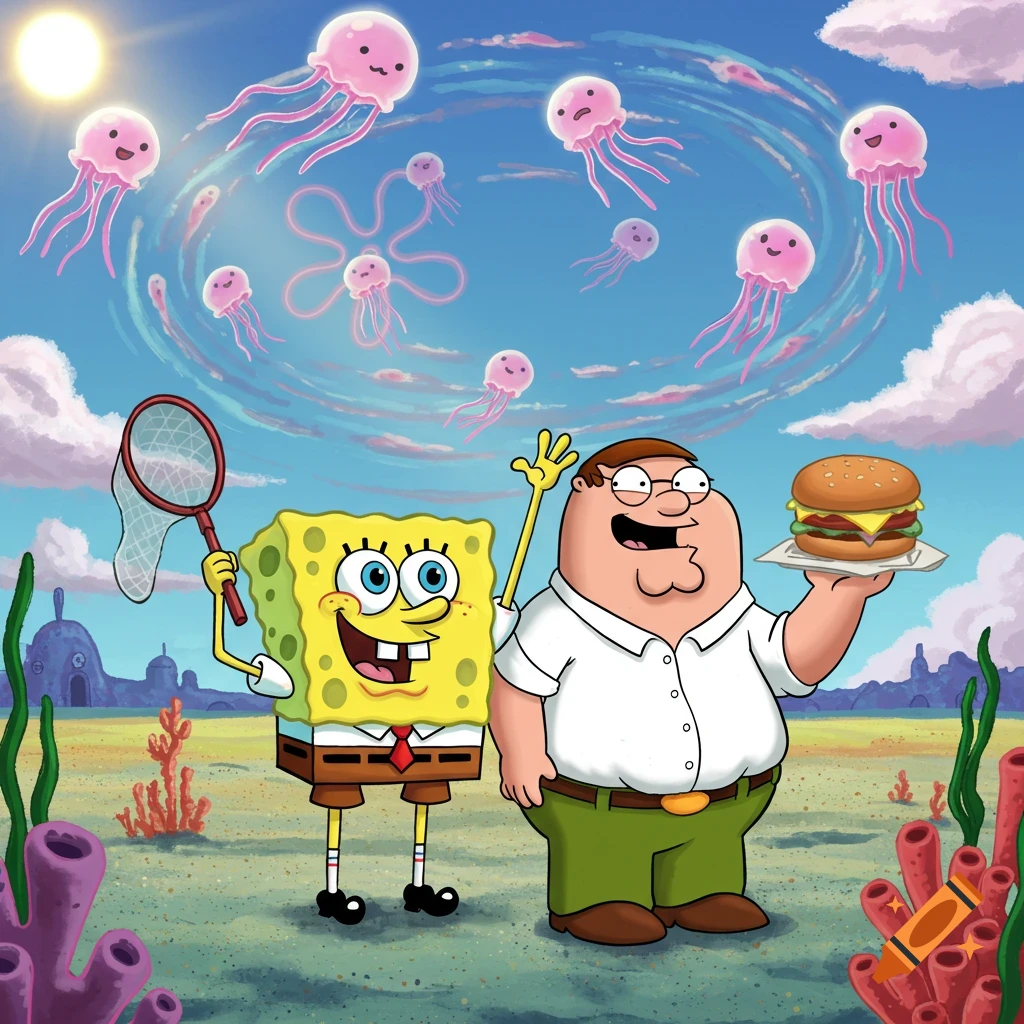 SpongeBob SquarePants with a net and Peter Griffin holding a Krabby Patty burger under a sunny ...