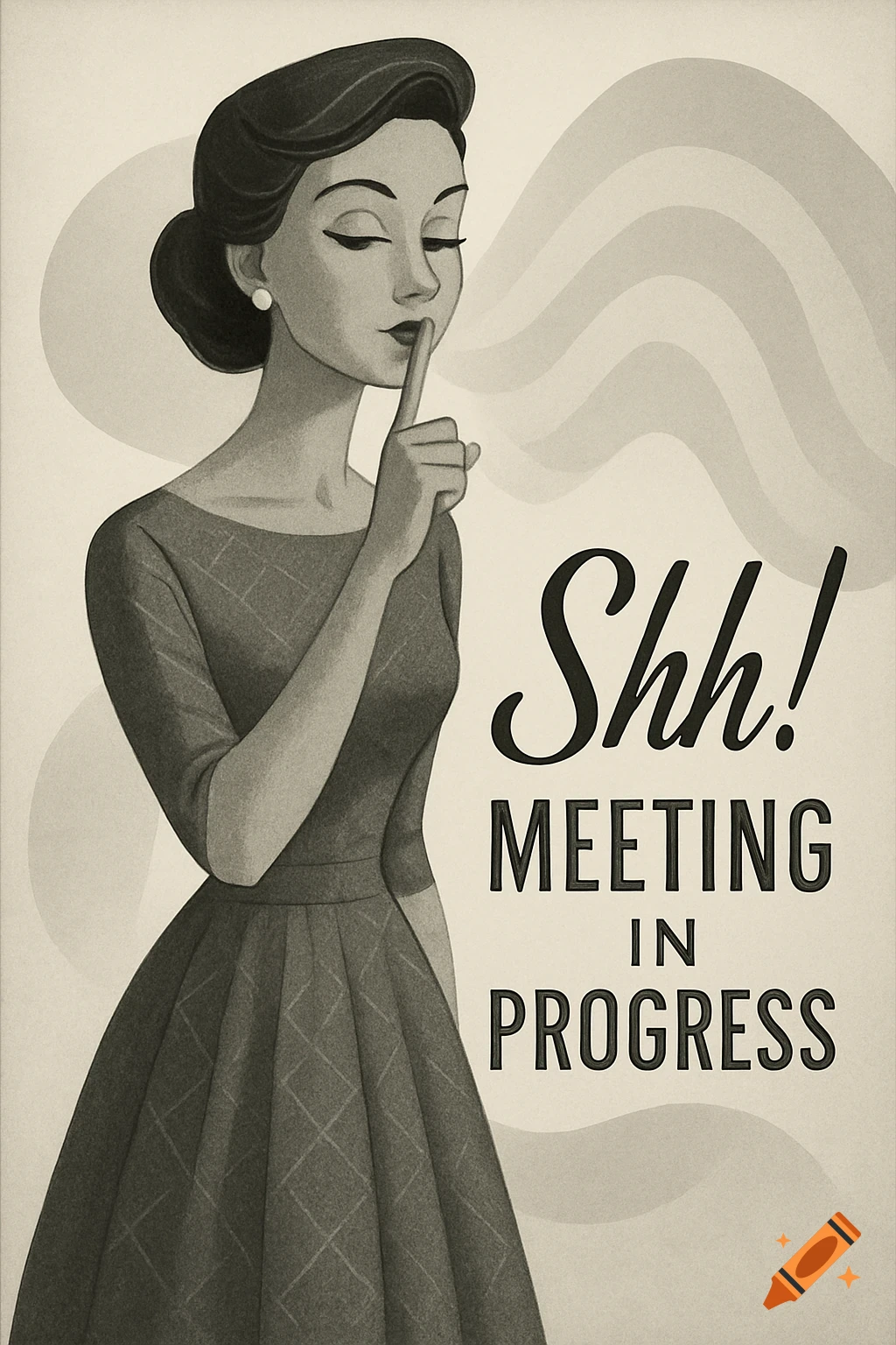 A retro-style poster illustration of a woman in a dress with a finger ...