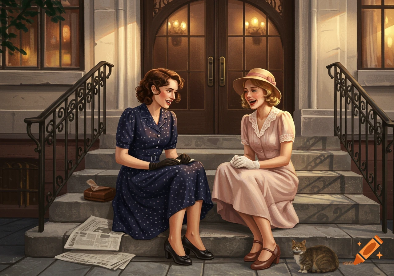 Two women in vintage dresses sit on steps outside a building, talking ...