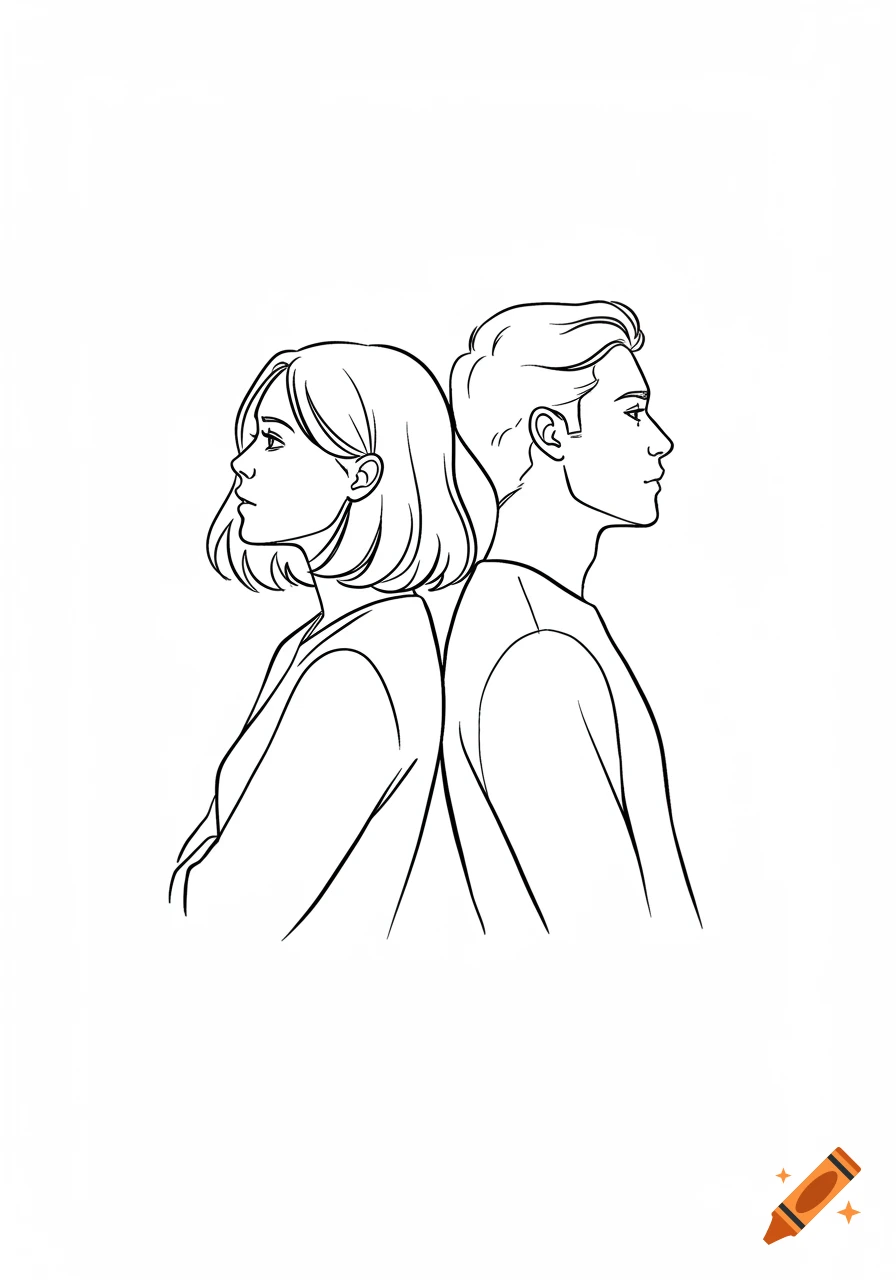 Outline sketch of a man and woman standing back-to-back, looking in ...