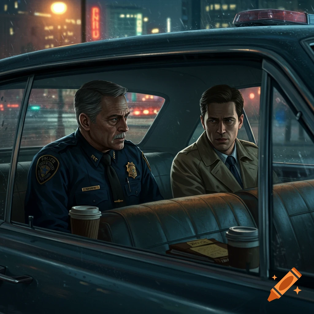 A police sergeant and a detective in a car at night, deep in ...