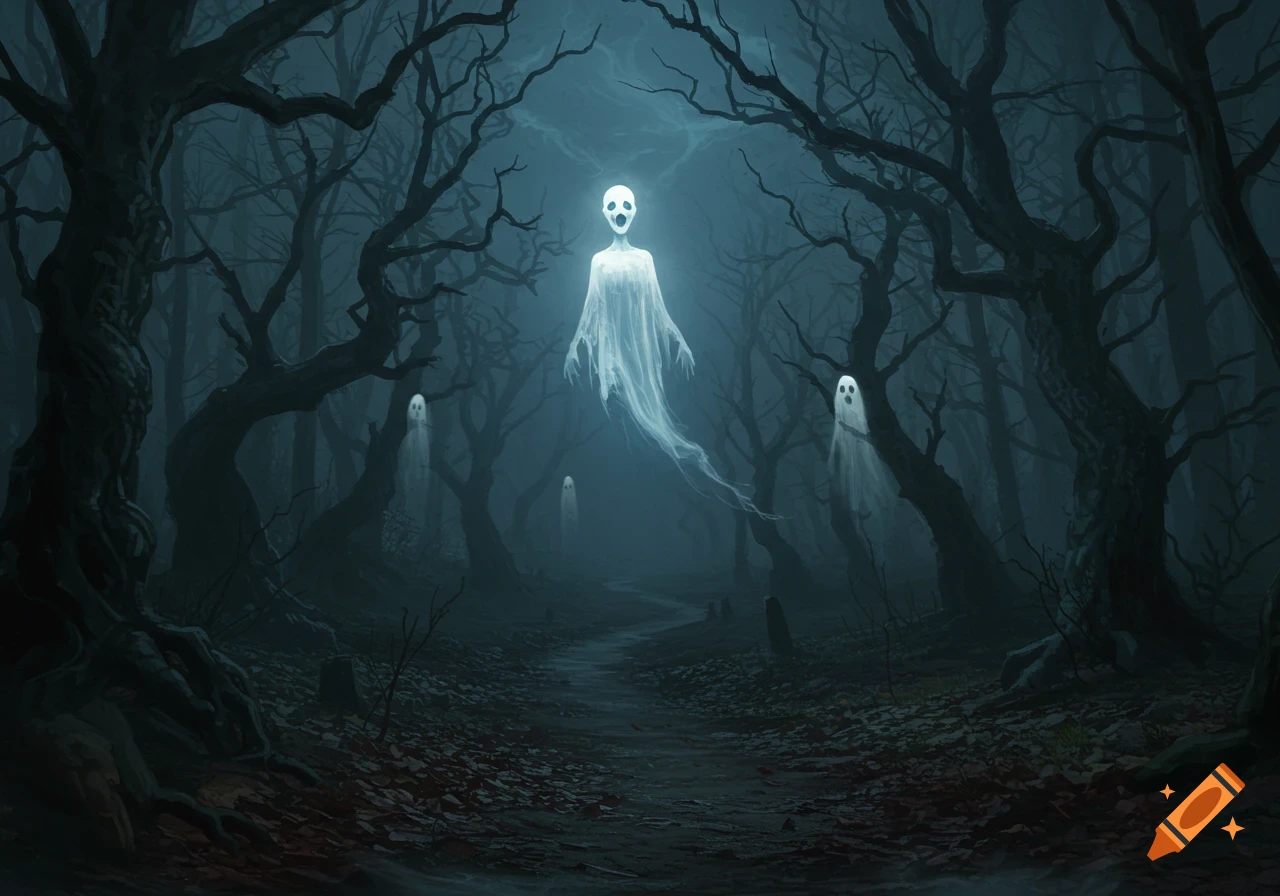 A spooky, moonlit scene with a large bare tree, two cloaked figures in ...