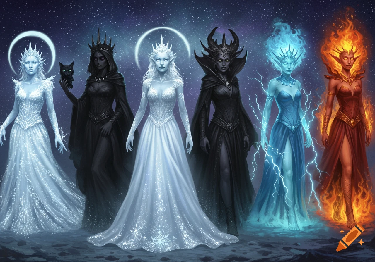 Five stylized fantasy characters stand side by side against color ...