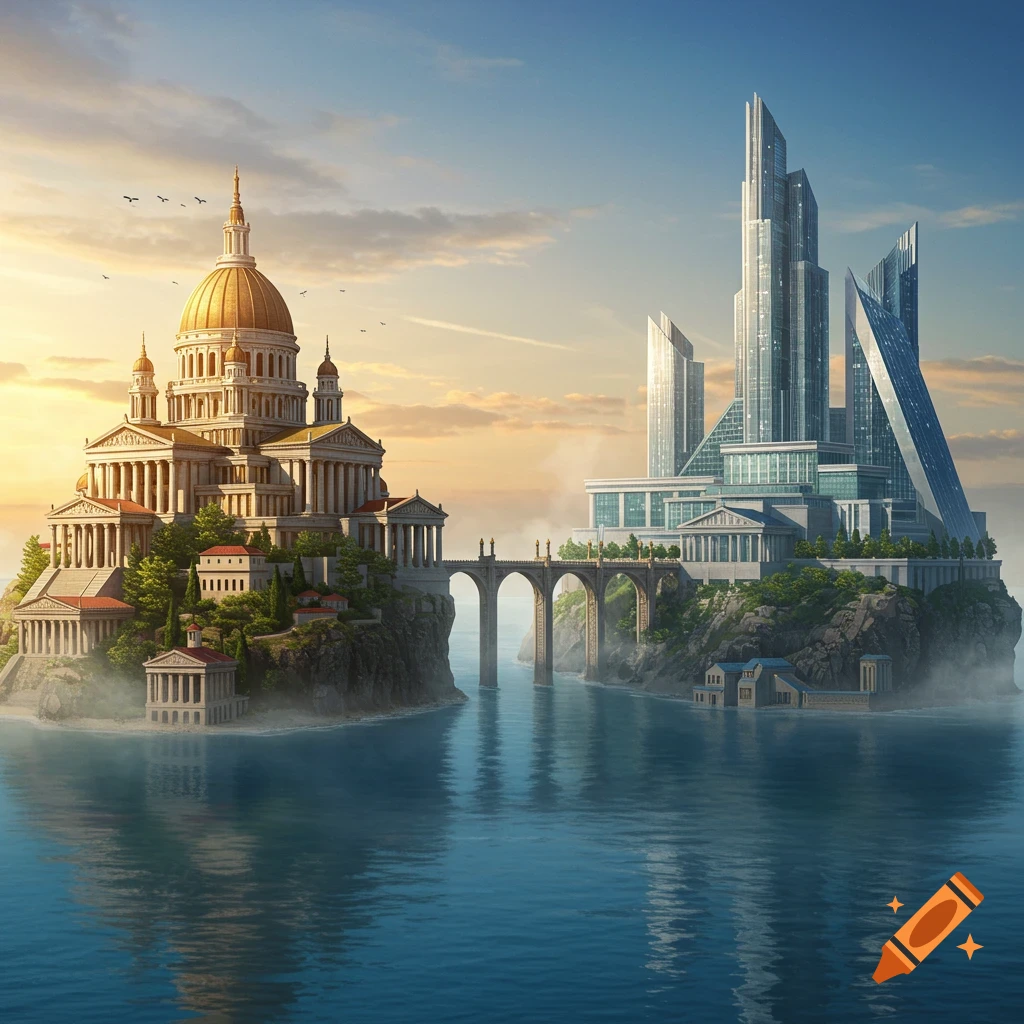 Two islands with distinct architectural styles, one classical and one ...