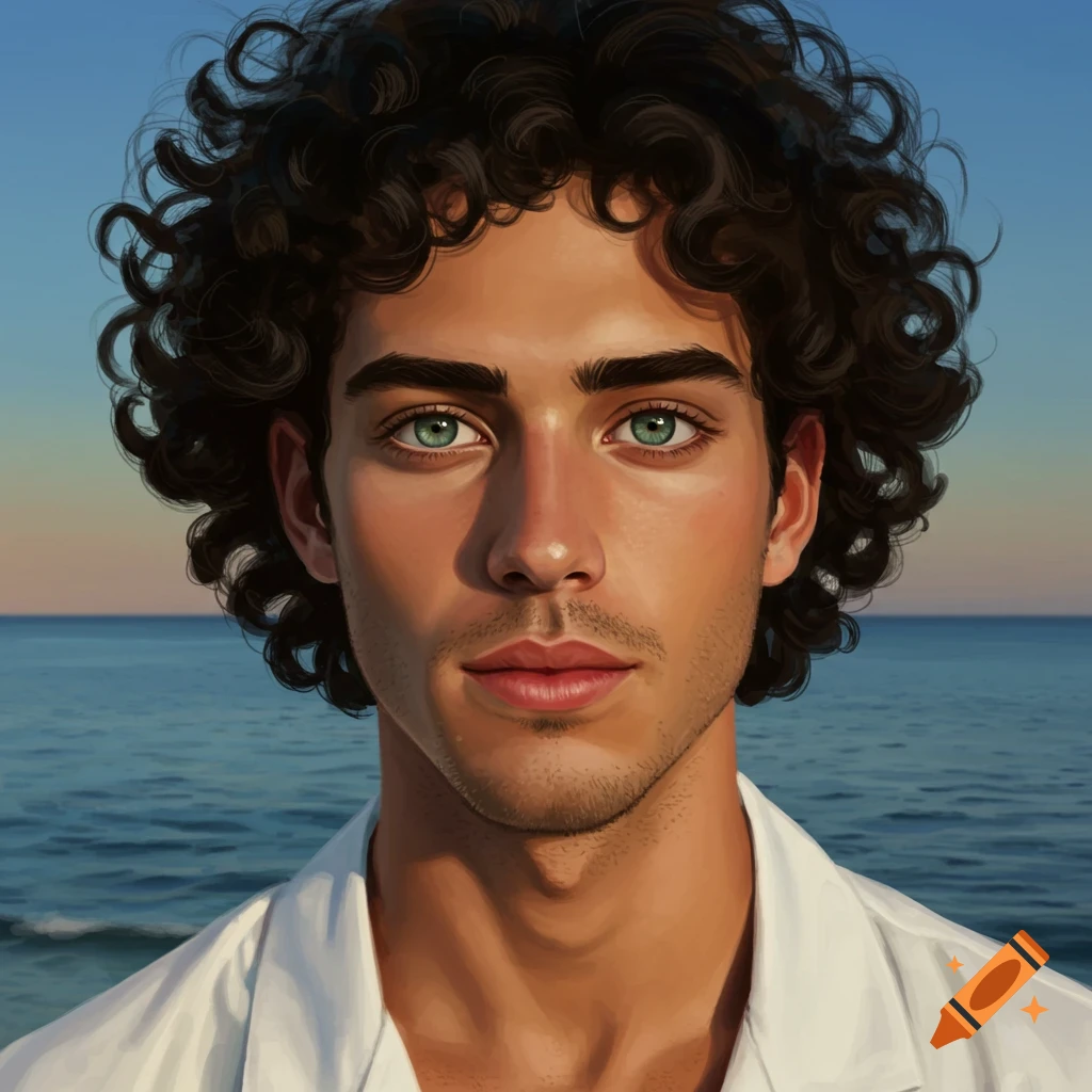 Photorealistic portrait of a young man with curly brown hair, green ...