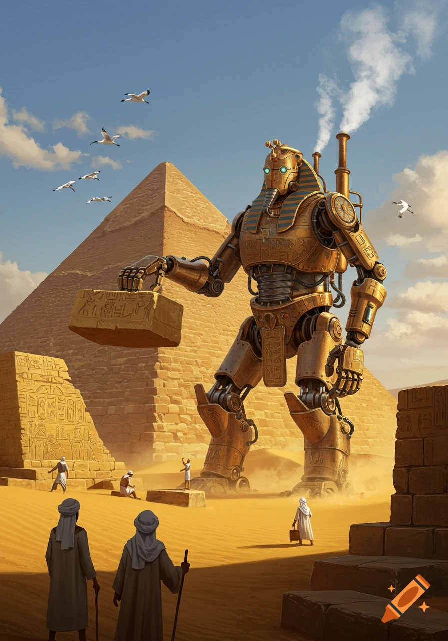 A colossal steampunk robot, resembling an ancient Egyptian pharaoh ...