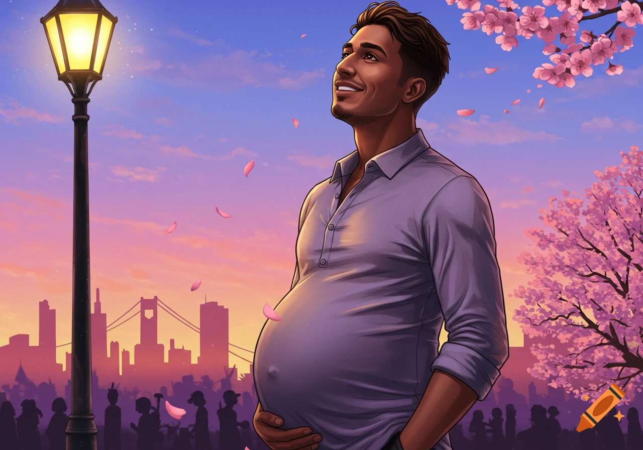 A smiling pregnant man looks up, standing in a city at sunset with ...