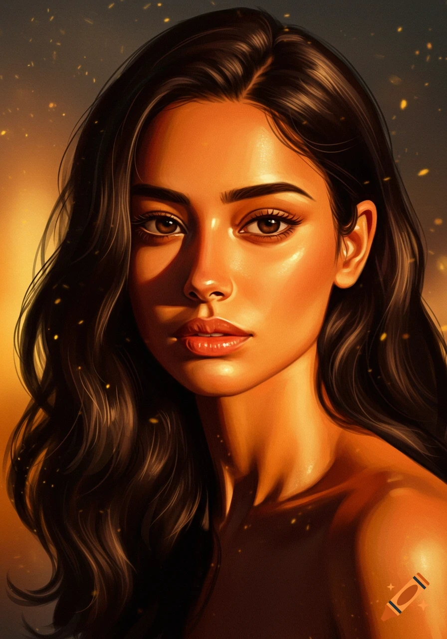 A close-up painterly portrait of a smiling woman with dimples and a ...