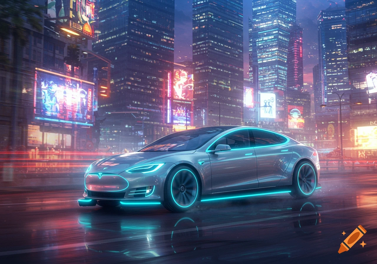 A dark blue Tesla car is parked on a wet street at night in a neon-lit ...