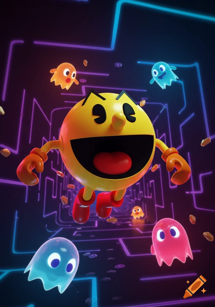 3D render of Pac-Man running through a dark, neon-lit maze with glowing ...