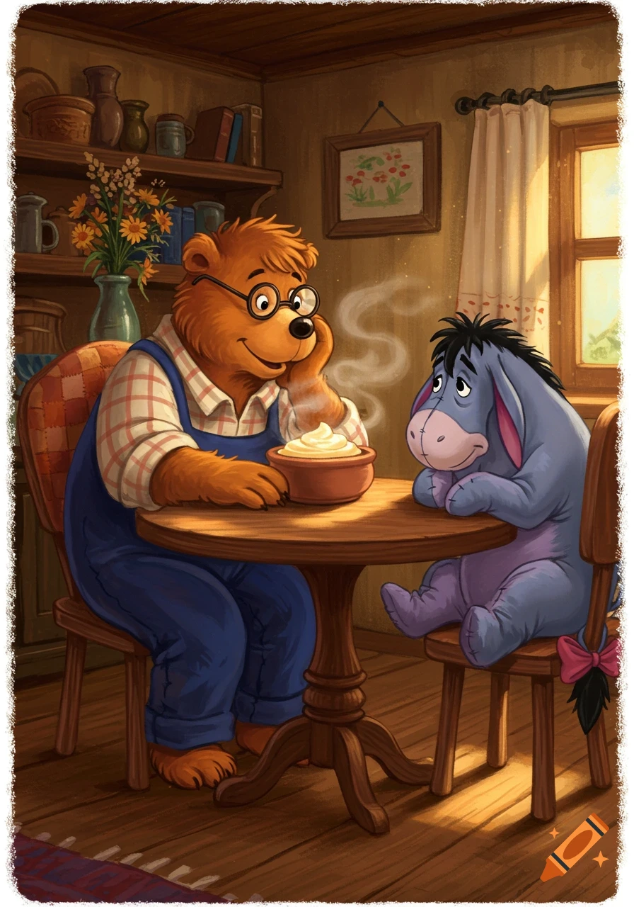 A brown bear with glasses and overalls sits at a wooden table with a ...