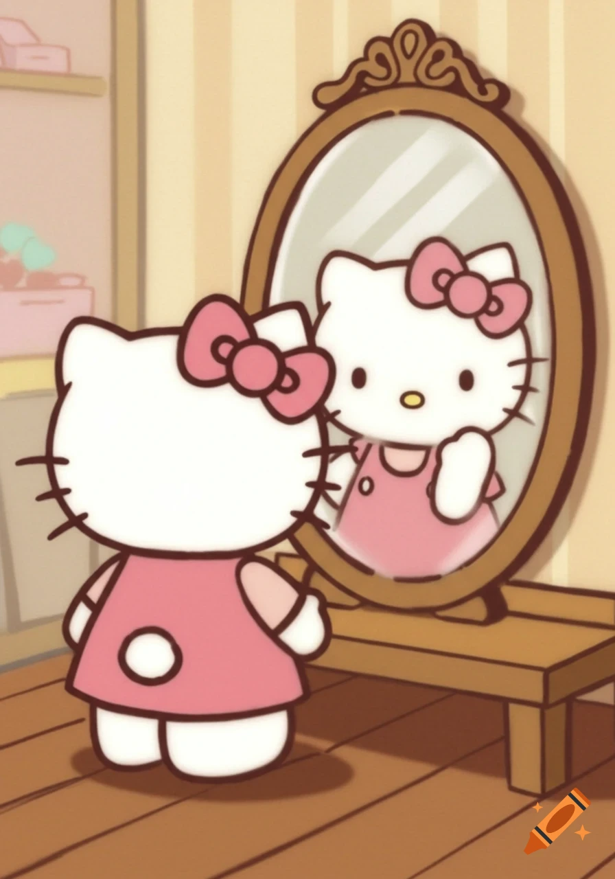 Cartoon Hello Kitty in a pink dress looking at her reflection in an ...