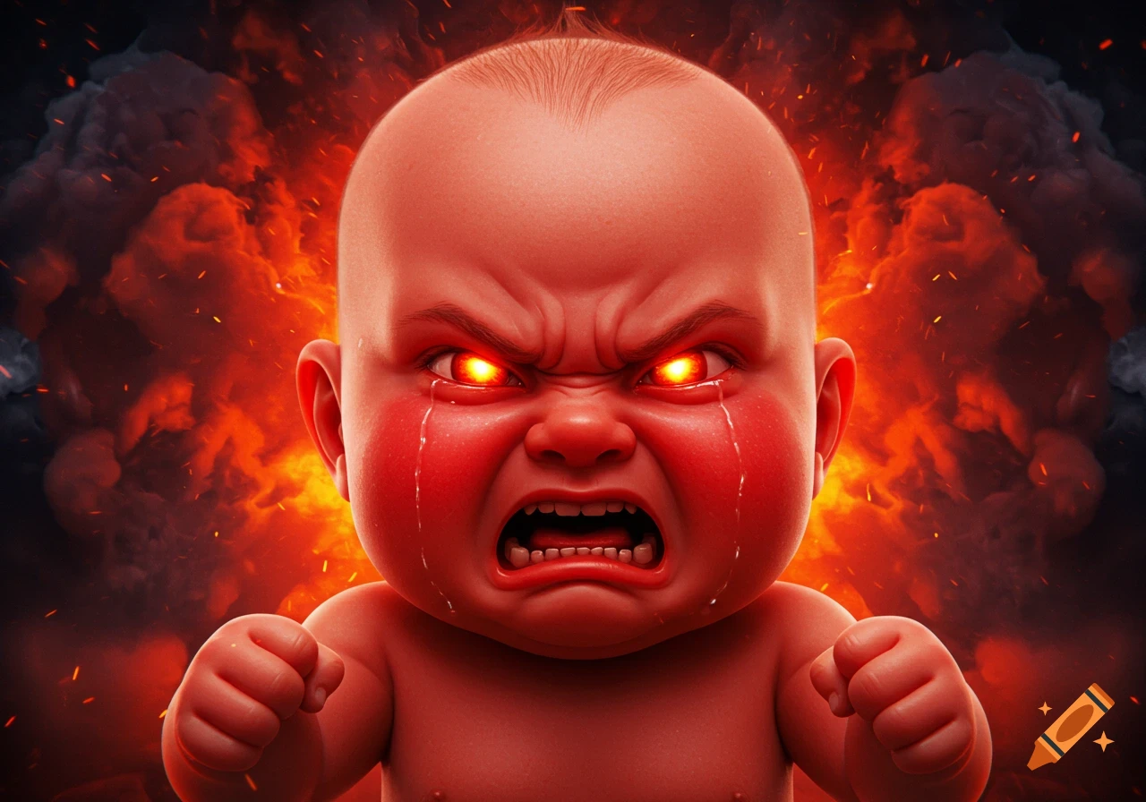 A cartoon man with an angry, scowling face and clenched fists stands ...