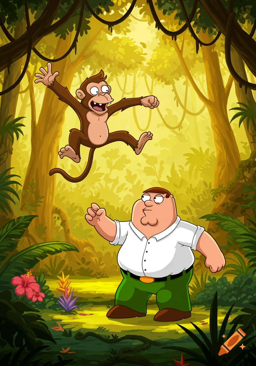 A cartoon illustration of Peter Griffin and a monkey in a vibrant ...