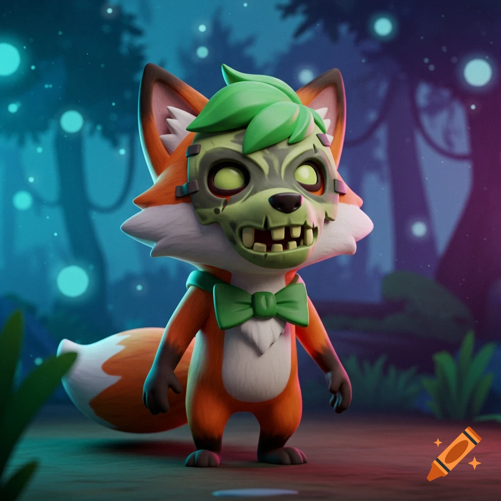 A cute 3D cartoon fox wearing a green zombie mask and a green bowtie ...