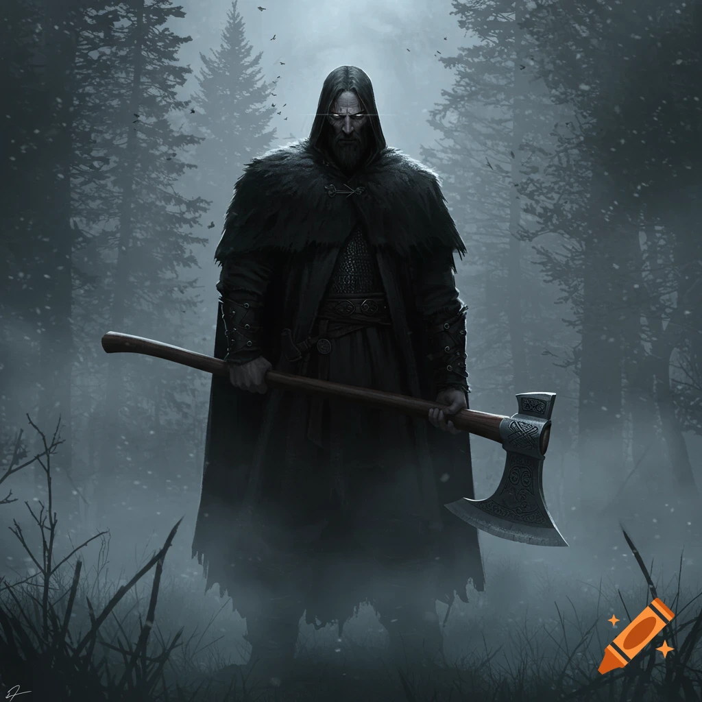 A bearded man in a dark cloak and hood, with glowing eyes, holds a ...