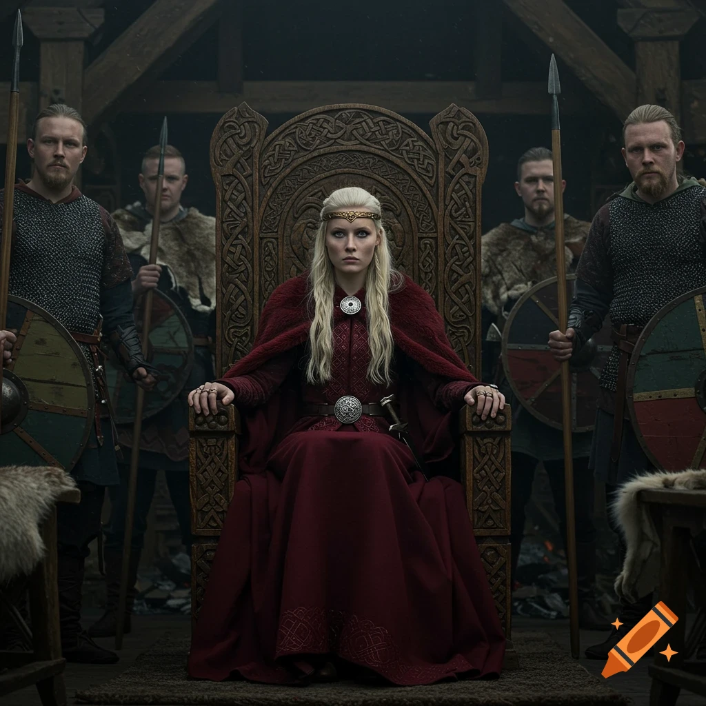 A photorealistic image of a Viking queen on a carved wooden throne, flanked by two warriors ...