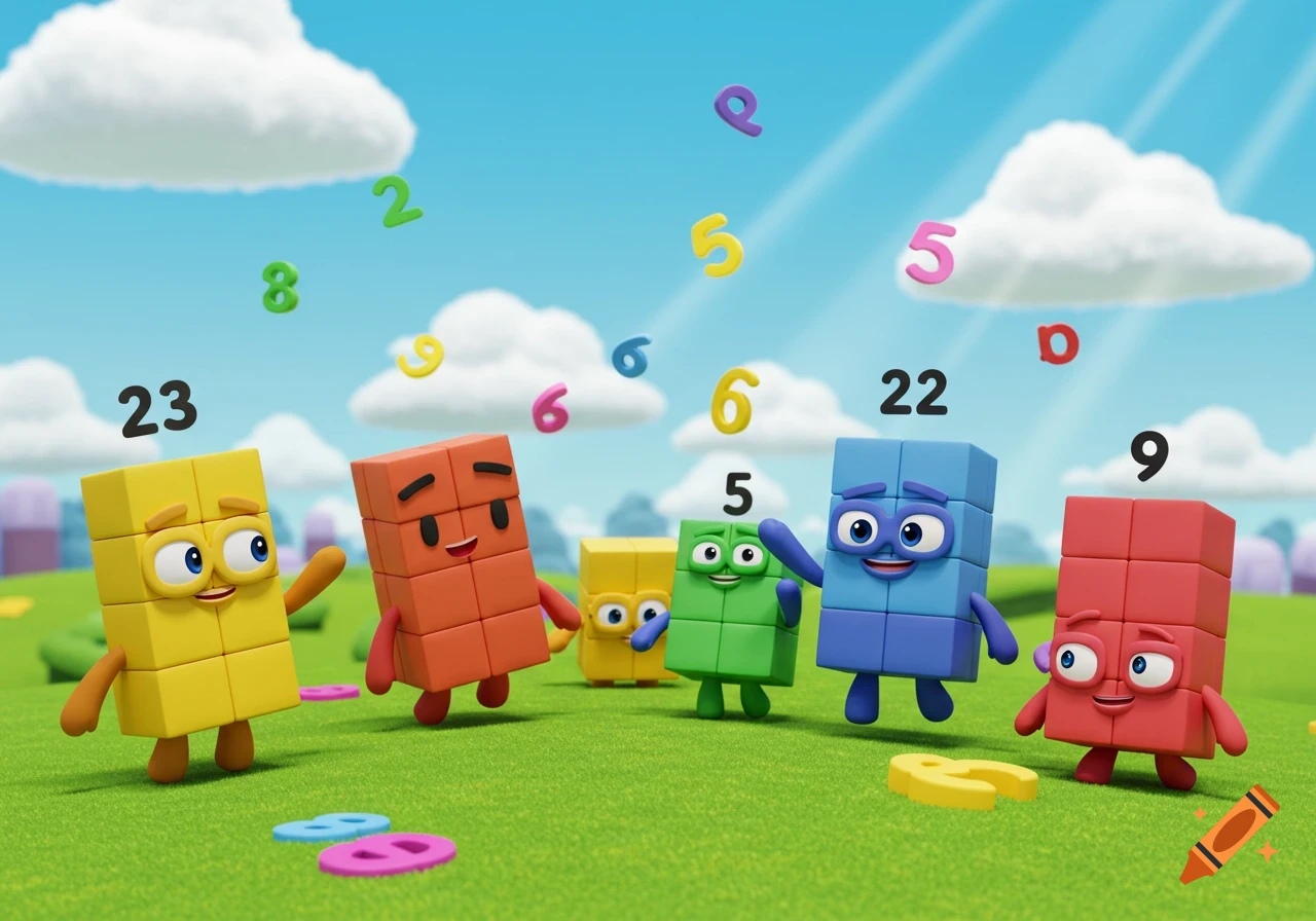 Five colorful Numberblocks characters, two red, one blue, and two ...