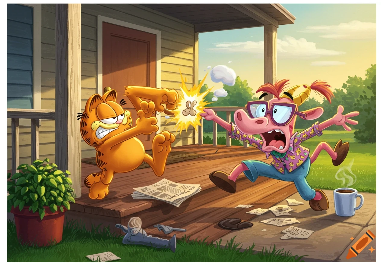 A cartoon Garfield character punching a goat-like character wearing ...