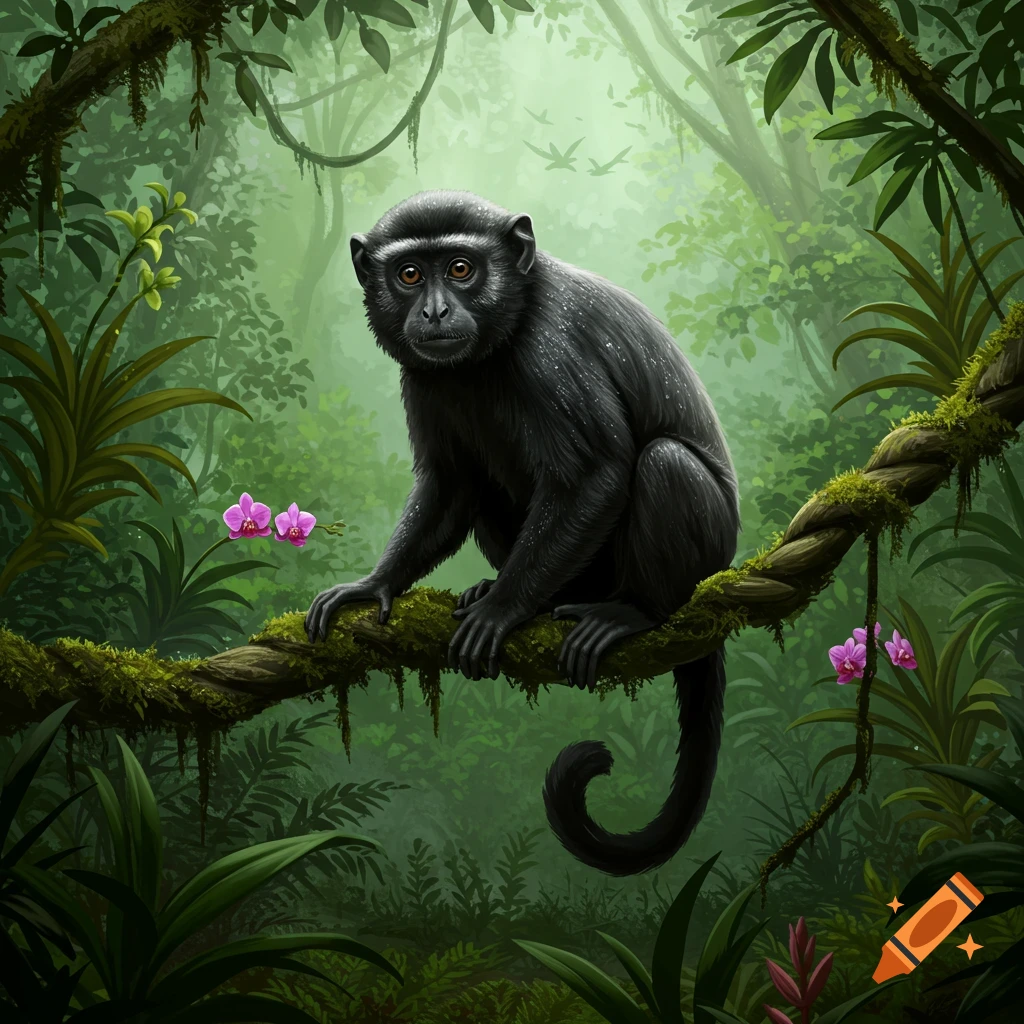 A black monkey sits on a mossy branch in a misty, lush green jungle ...