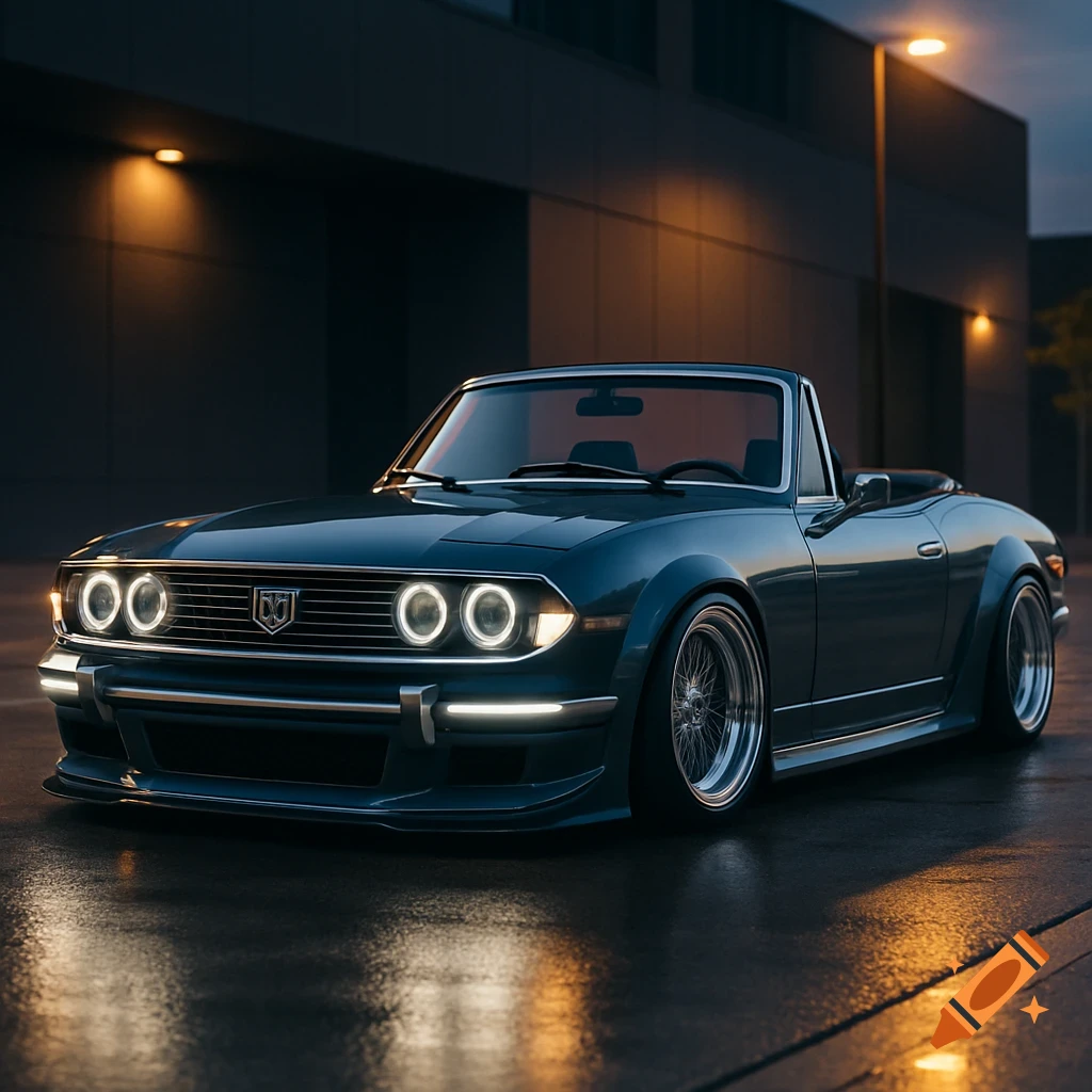 A dark teal classic convertible car with a full body kit, low ...