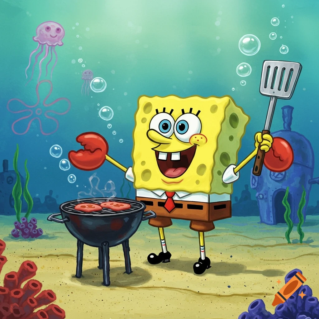 SpongeBob SquarePants stands underwater, holding a spatula and a crab ...