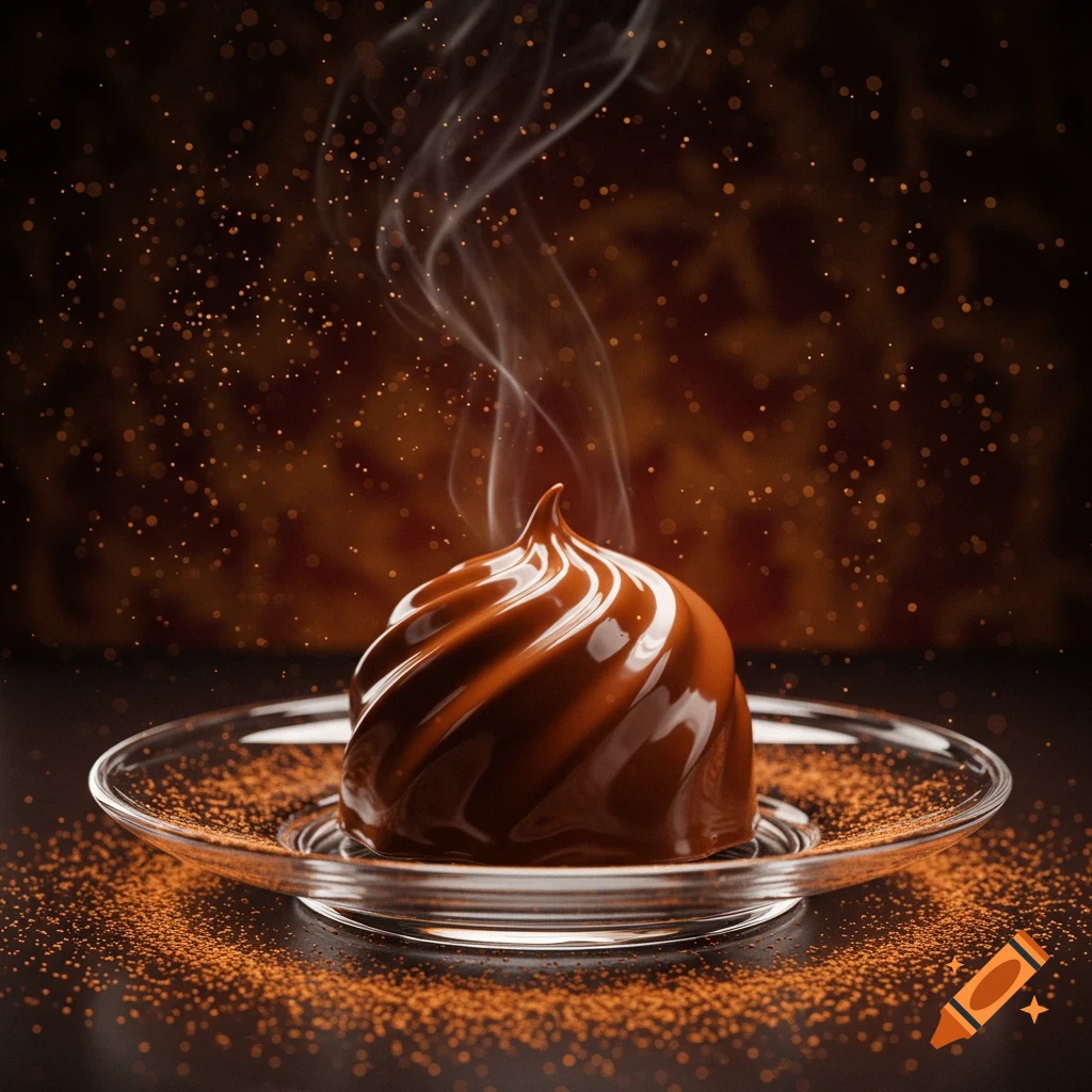 A close-up, photorealistic shot of a steaming chocolate dessert on a ...