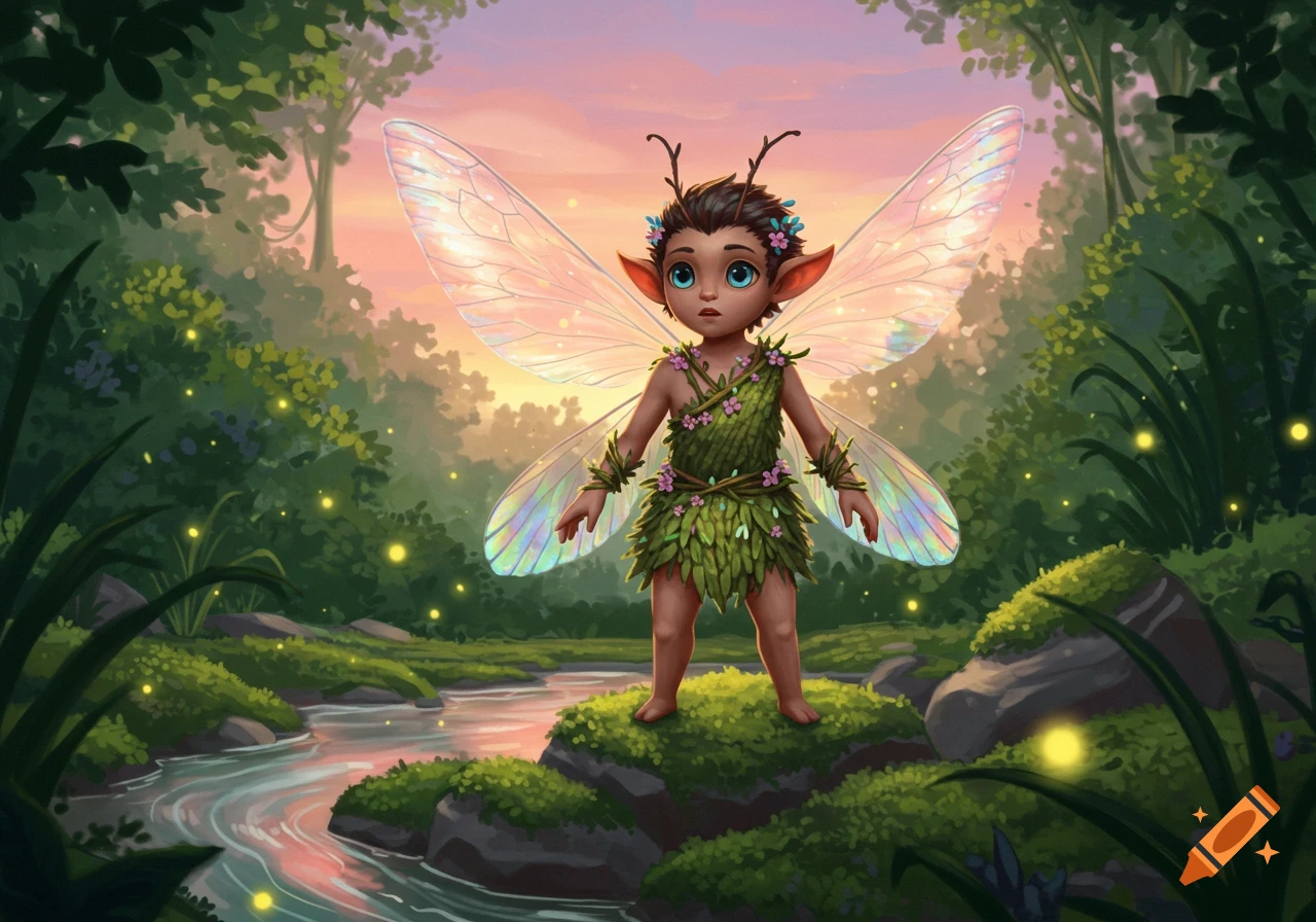 A stylized green plant fairy monster with fire on its head, red petals ...