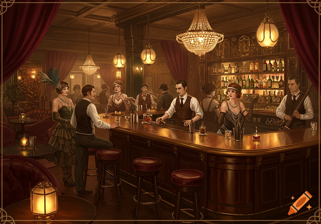 A dimly lit, photorealistic jazz cafe at night with patrons enjoying ...