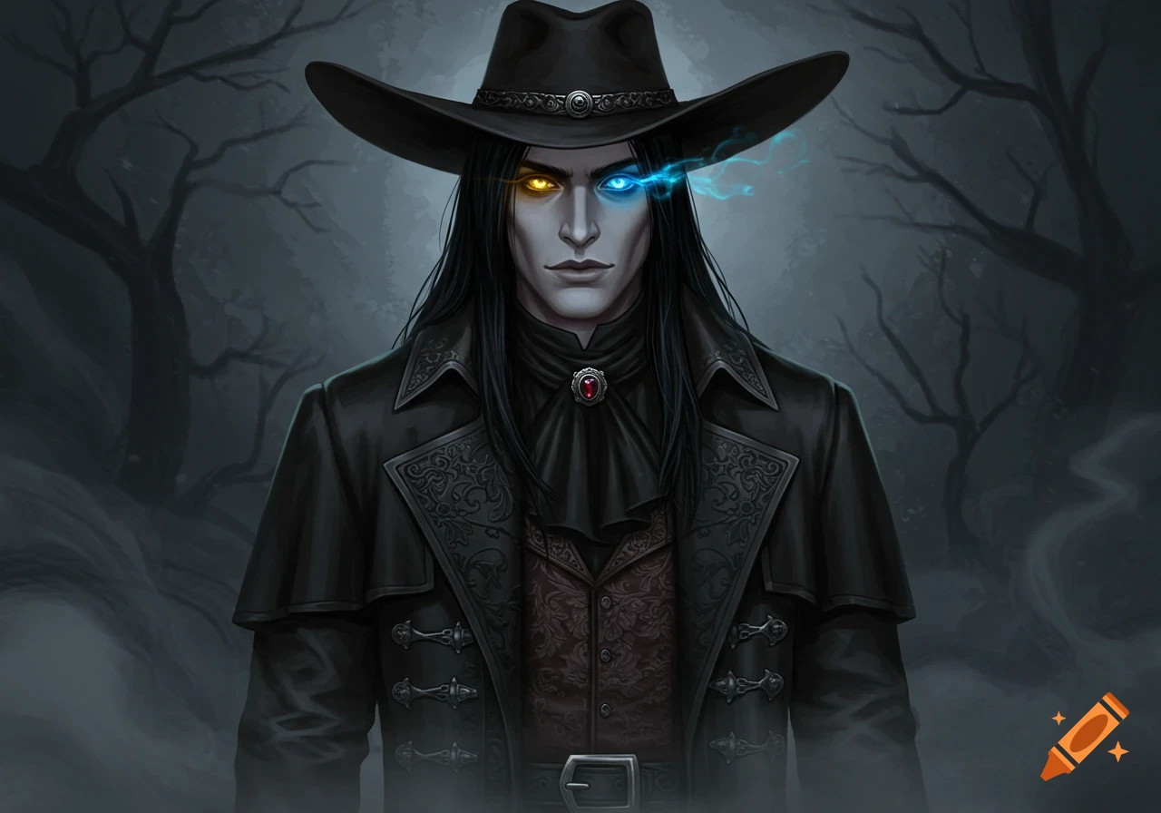 A skeletal cowboy with glowing green eyes, wearing a black duster coat ...