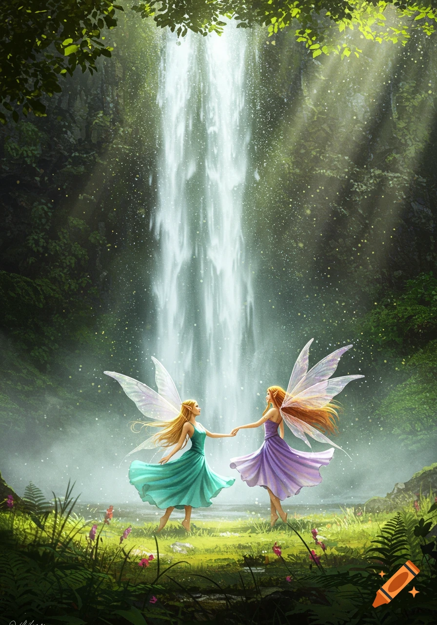 Two beautiful fairies in colorful dresses dance hand-in-hand under a majestic waterfall in a ...