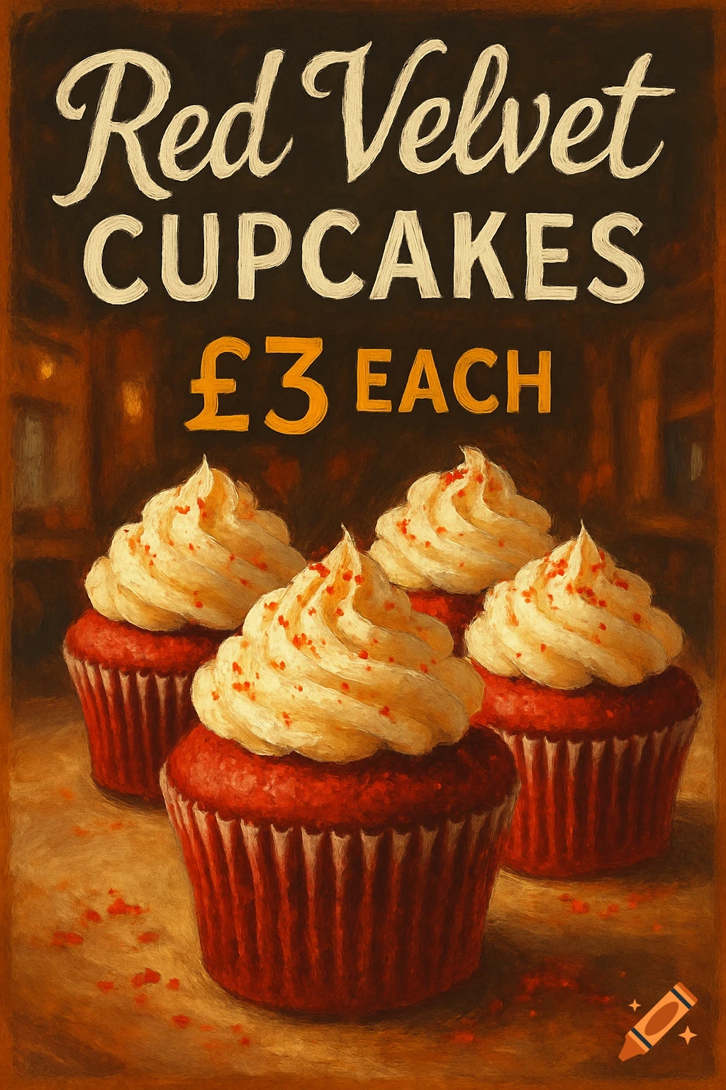 Vibrant poster of a red velvet cupcake with cream cheese frosting and ...