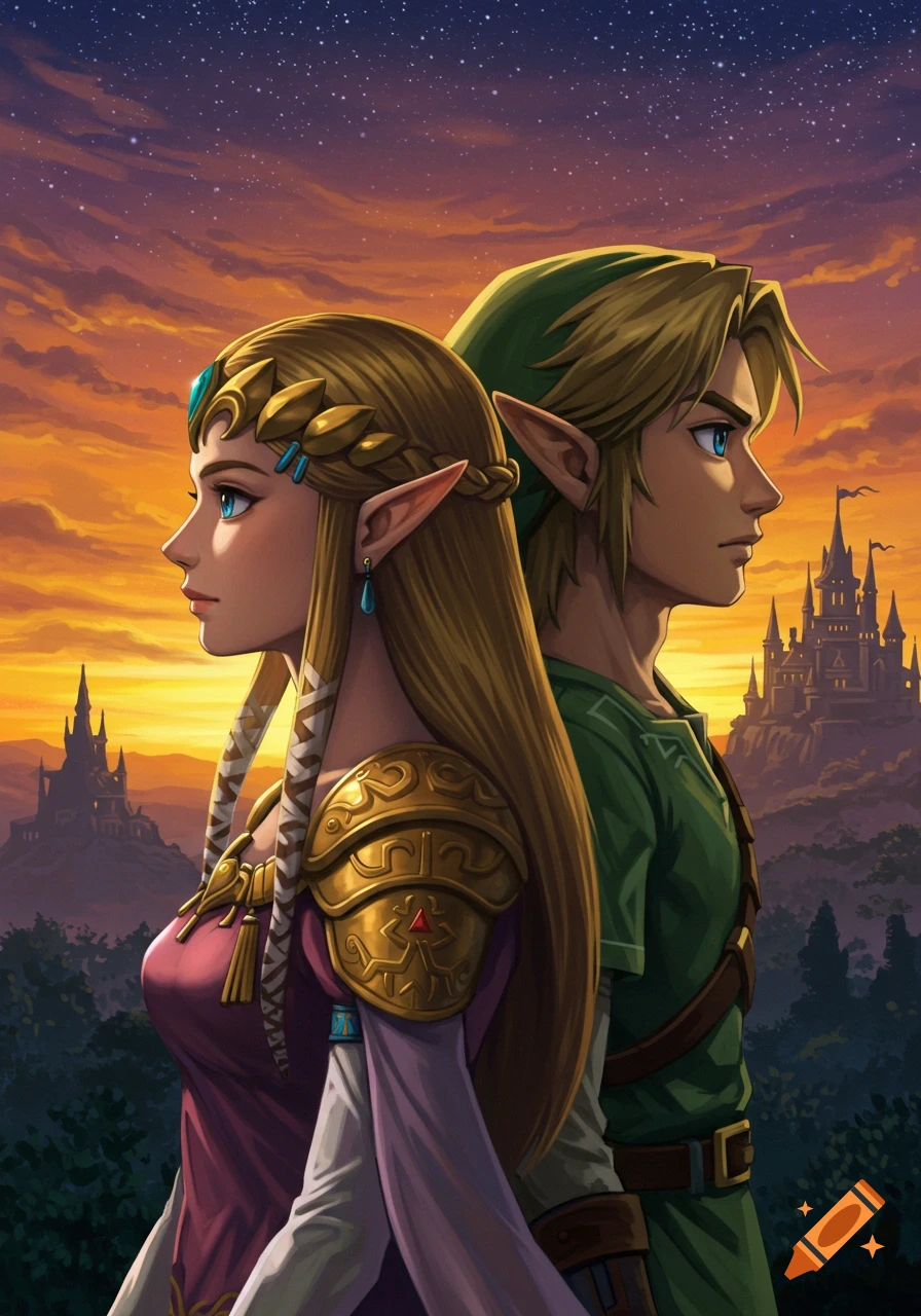 Link flexes his bicep for a surprised Princess Zelda in a sunny ...