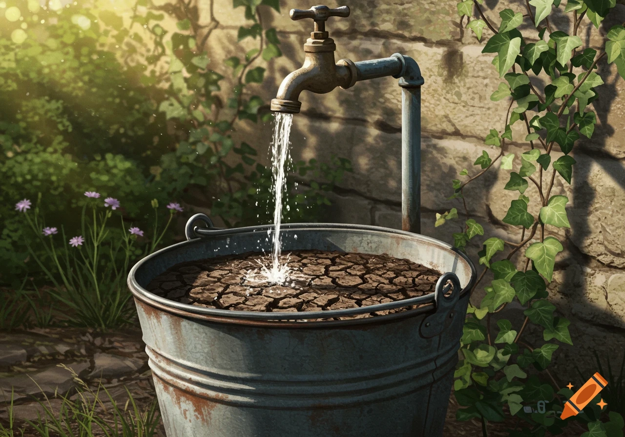 Water flows from a rustic spigot into a tin bucket filled with cracked ...