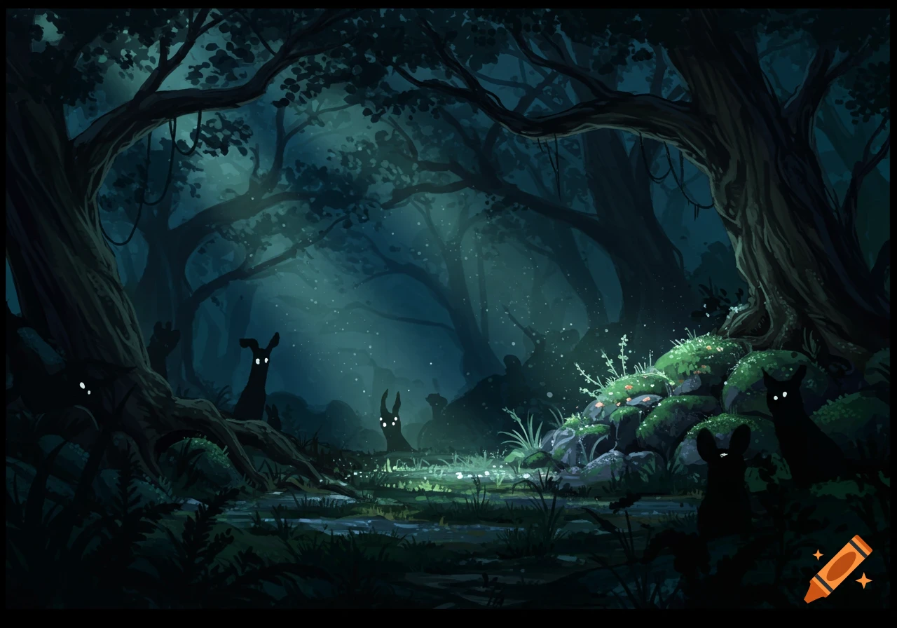A dark, misty forest at night with shadowy, glowing-eyed creatures emerging from the trees and ...