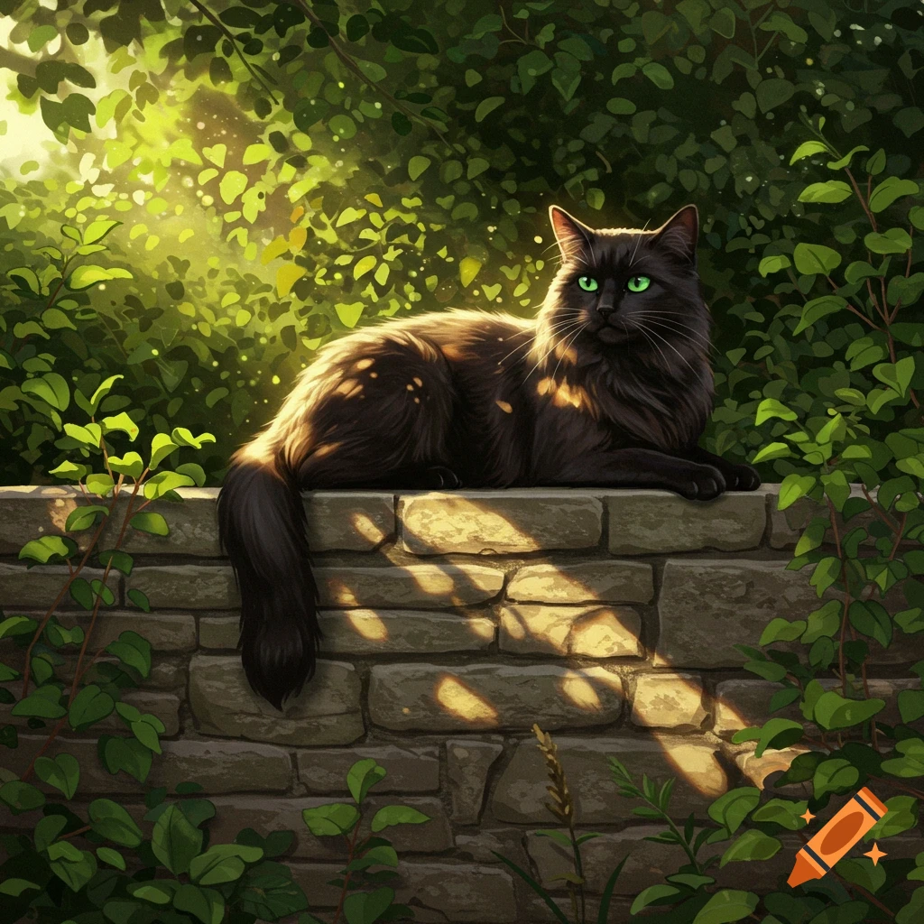 A black cat with bright green eyes lies on a sun-dappled stone wall, surrounded by lush green ...