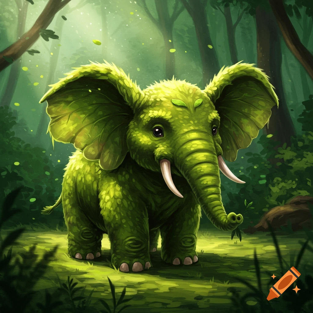 A charming, stylized elephant with green, moss-like skin and leaf-like ...