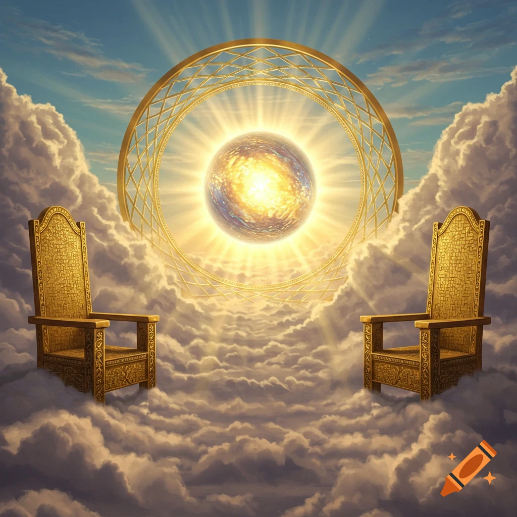Two ornate golden thrones face a glowing orb surrounded by a golden ...