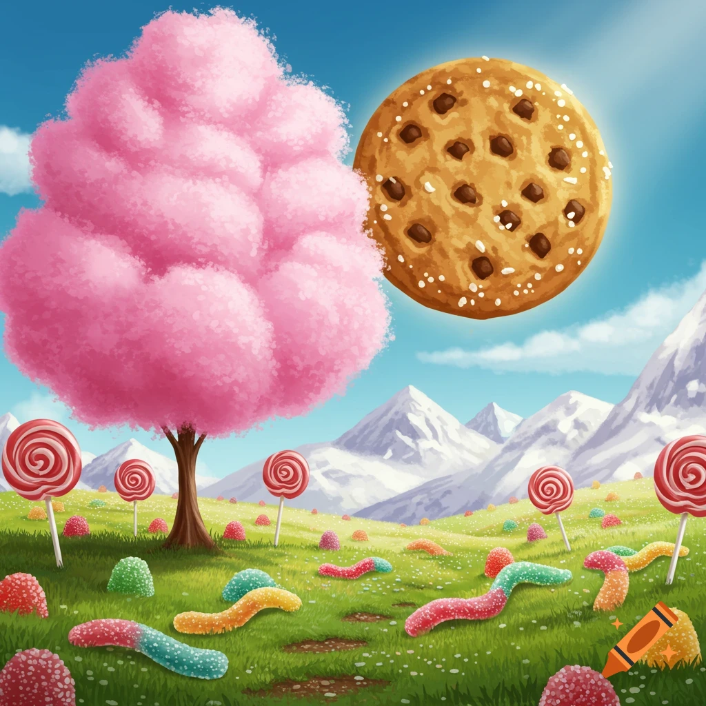 A vibrant candy land with a pink cotton candy tree, lollipop plants ...