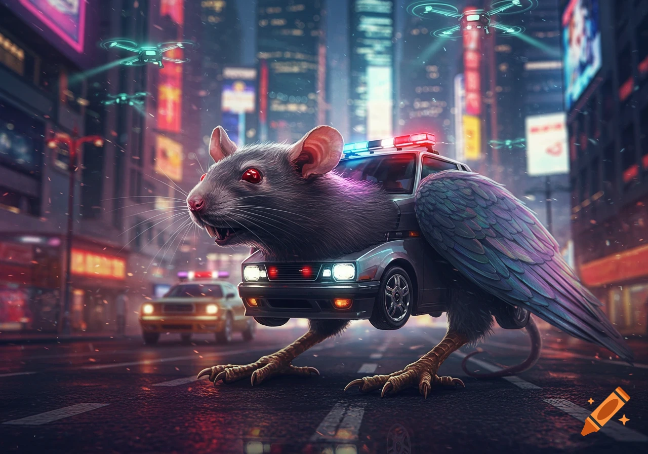 A close-up of a brown rat on a concrete floor in a dimly lit parking ...