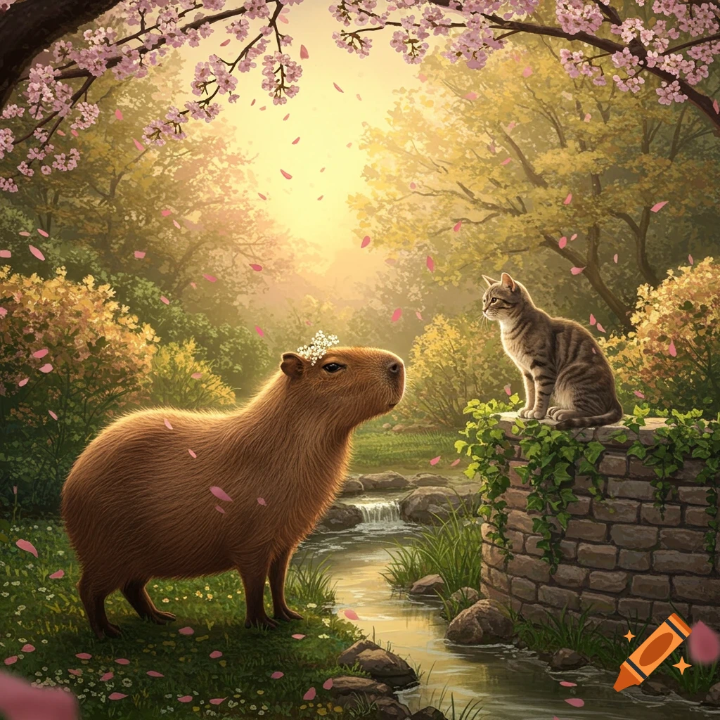 A realistic, front-facing capybara with brown fur sits calmly on a ...