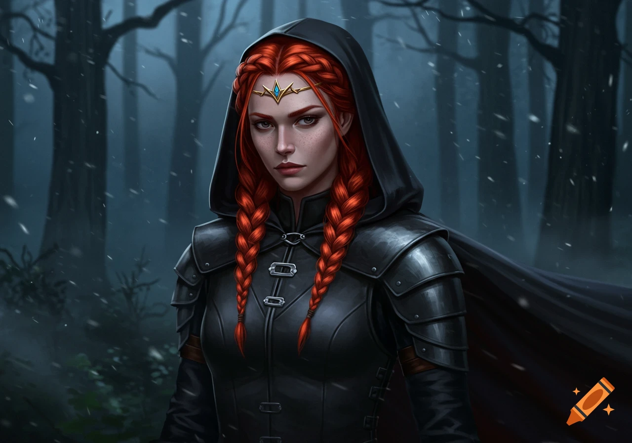 A red-haired female rogue in a dark hooded cloak, face mask, and ...