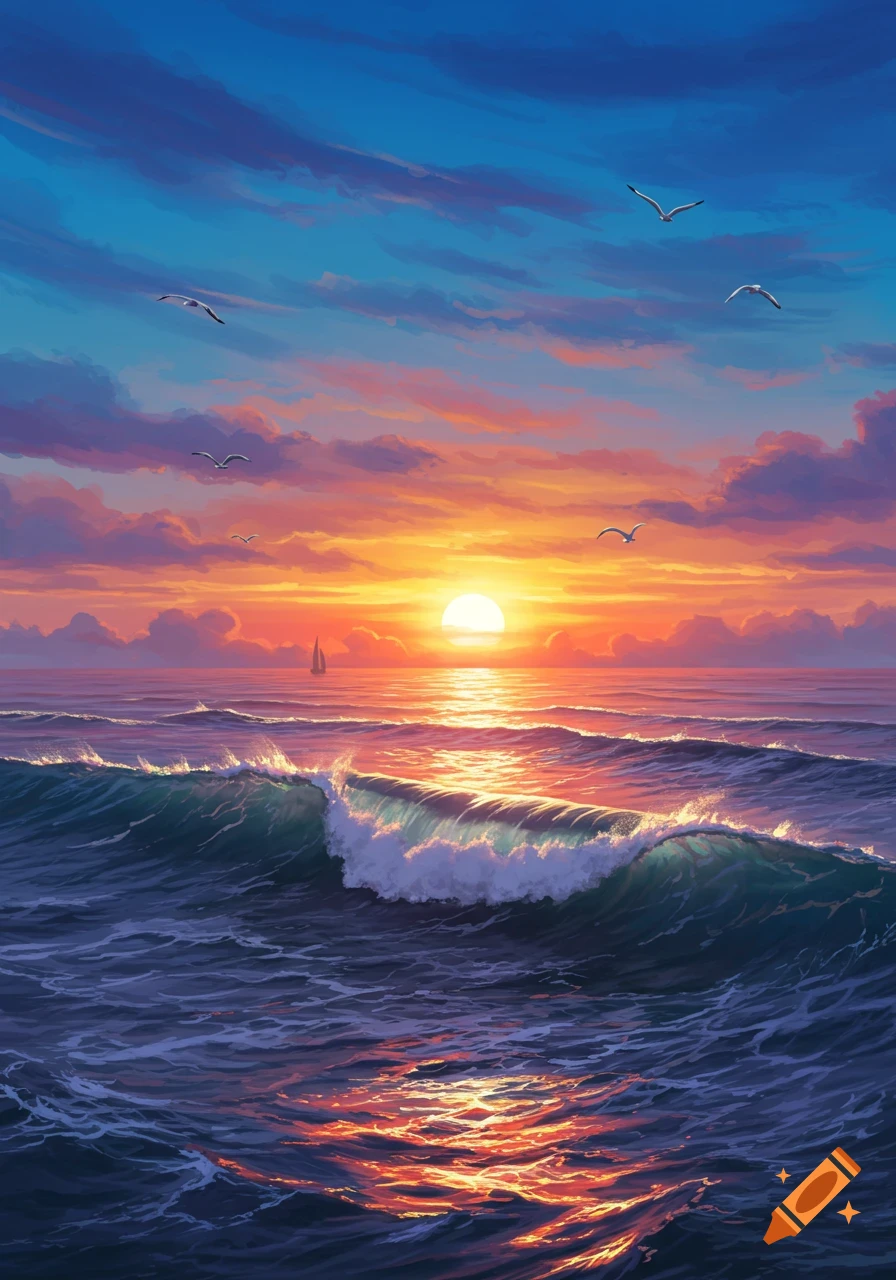 Stylized sunset over the ocean with sailboats, a crescent moon, and ...