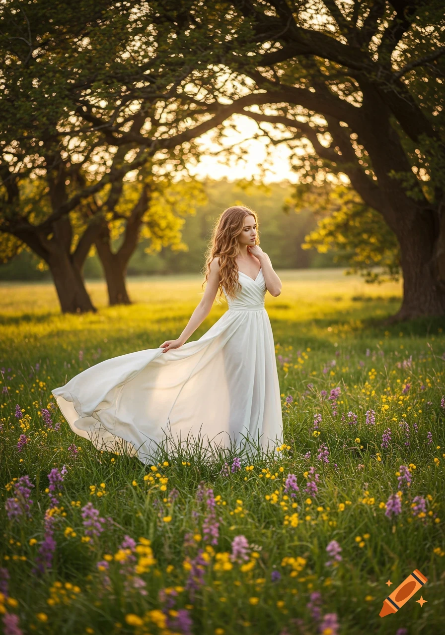 A woman in a flowing white dress stands in a sunlit field filled with colorful wildflowers, with ...