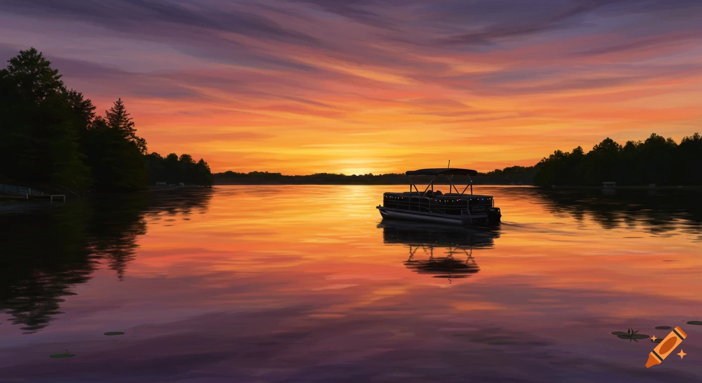 A serene sunset over a lake with a pontoon boat in the middle ...